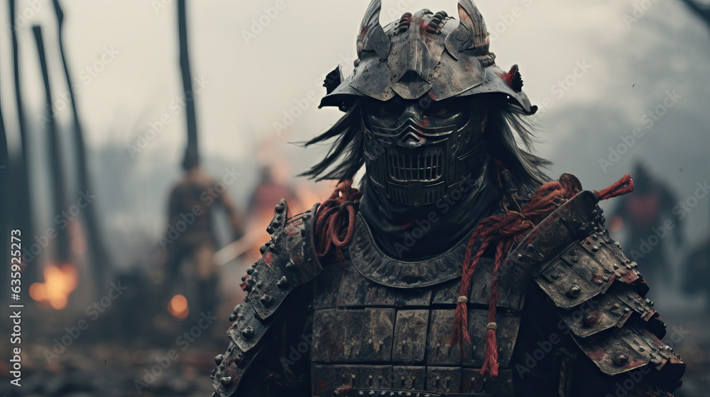 samurai in Armour on the battlefield. Concept of Feudal warfare ...