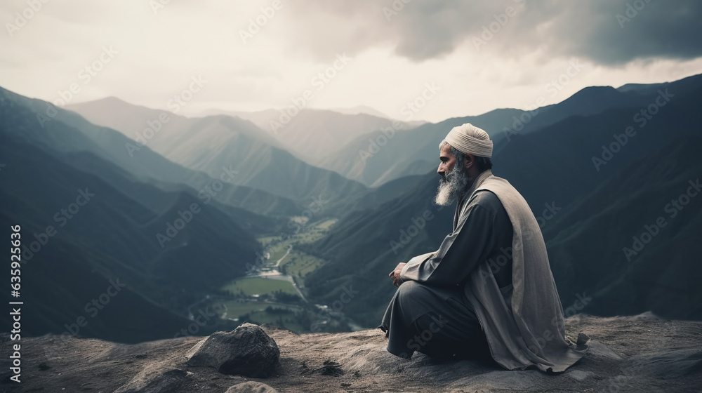 Muslim man praying on a mountain. Sitting. Concept of Spiritual ...