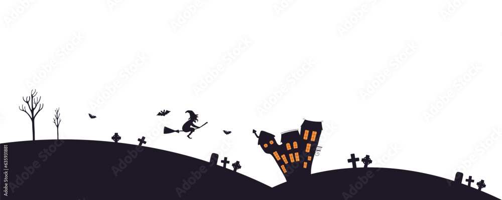 Halloween landscape, silhouette with haunted house, witch, bats ...