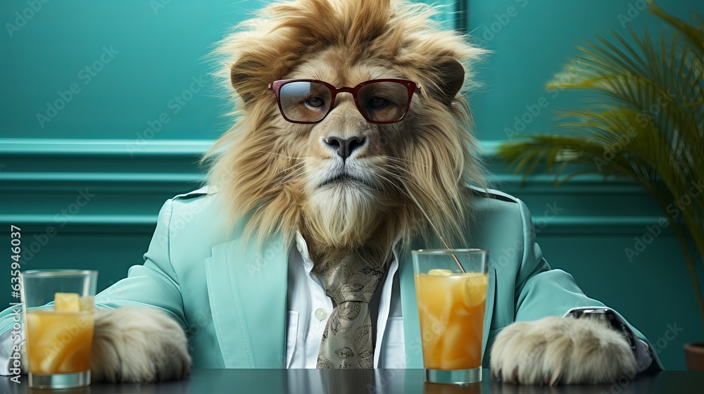 Lion with cold lemonade. Terrible predator drinking mojito and iced tea ...