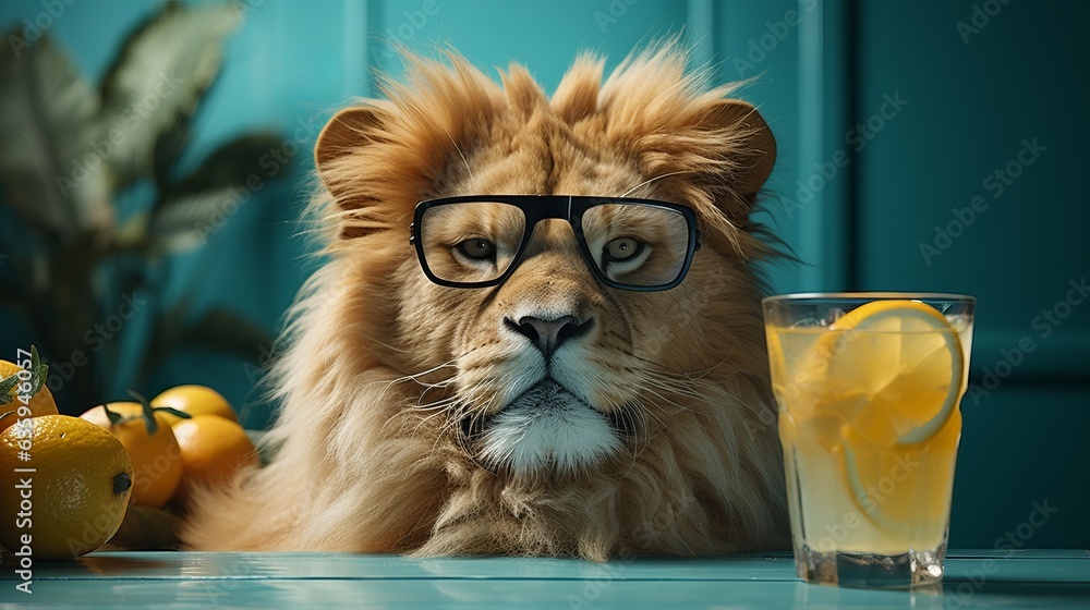 Lion with cold lemonade. Terrible predator drinking mojito and iced tea ...