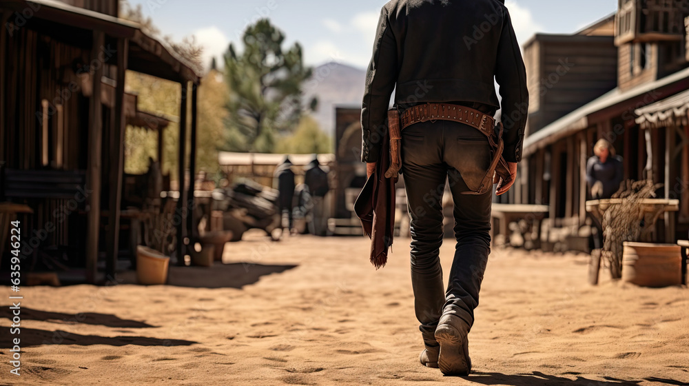 Back view of cowboy is walking, western movie scene in wild west town ...