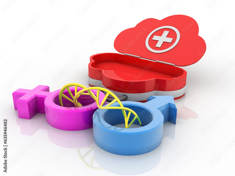 3D rendering Gender symbols of man and woman with dna near cloud first ...
