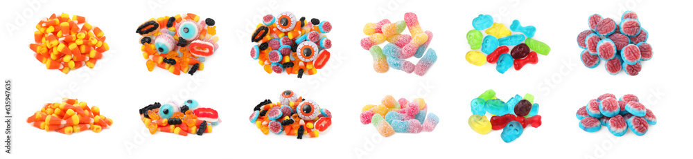 Piles of chewy candies for Halloween isolated on white. Collage with ...