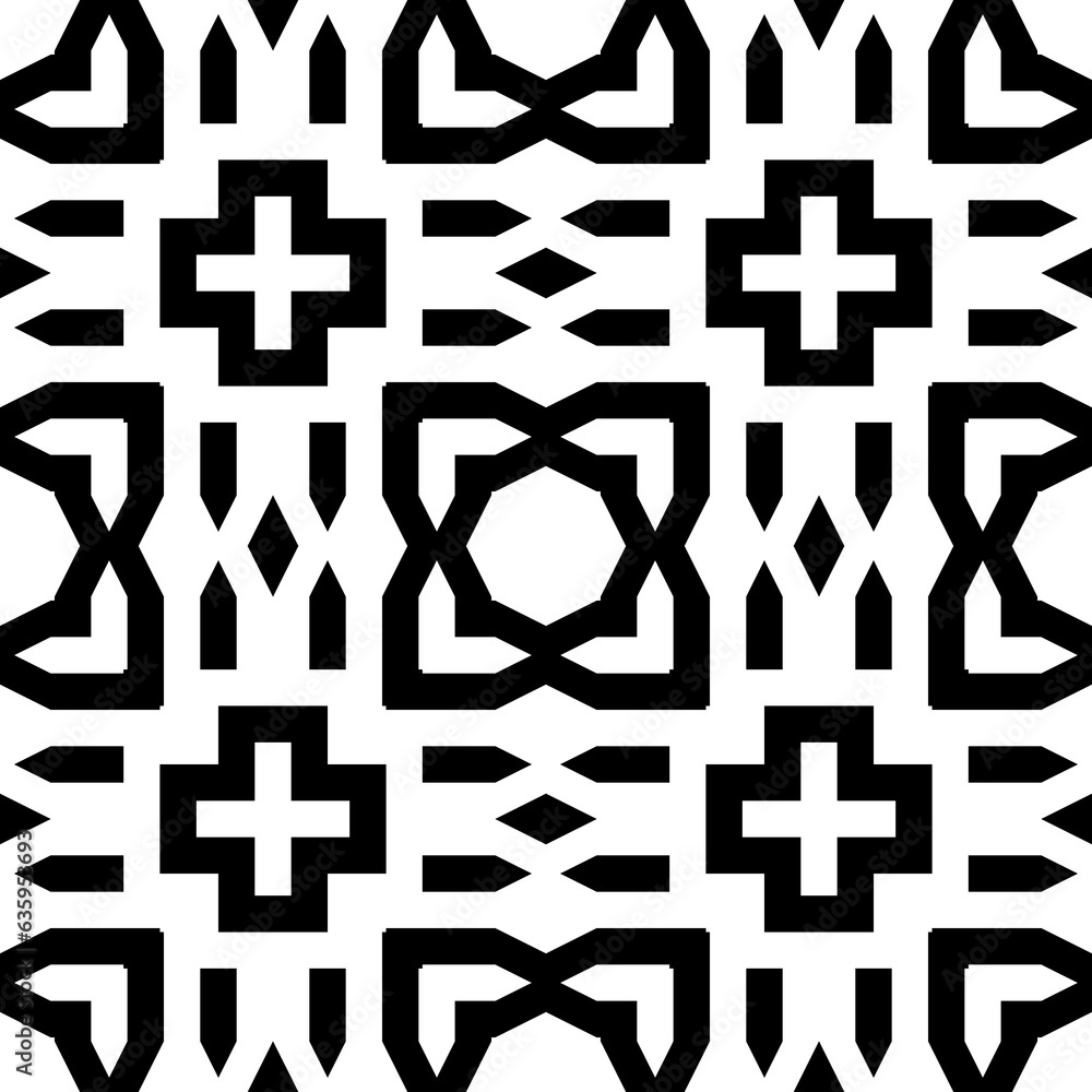 Black symmetric shapes on white background. Repeating pentagons ...