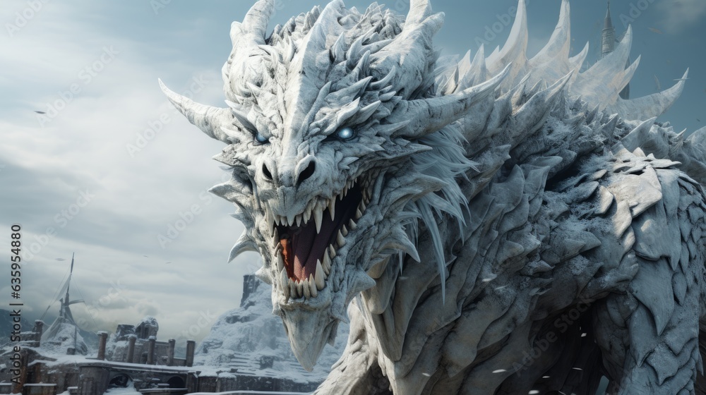 Roaring white dragon closeup. Angry winter dragon with a growl, and ...