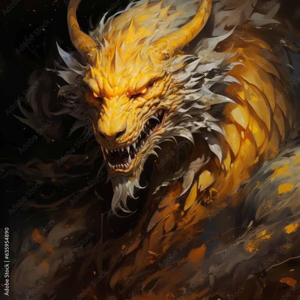 Roaring yellow dragon closeup. Angry bright yellow reptile with a growl ...