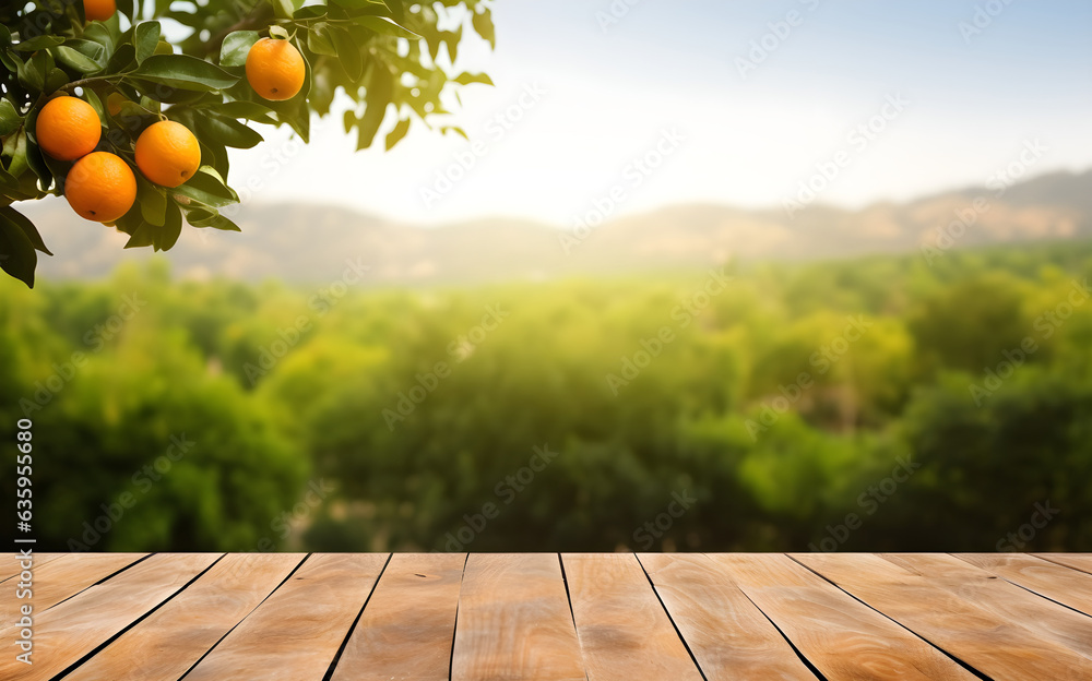Empty wood table with blurry orange tree background. best for product ...