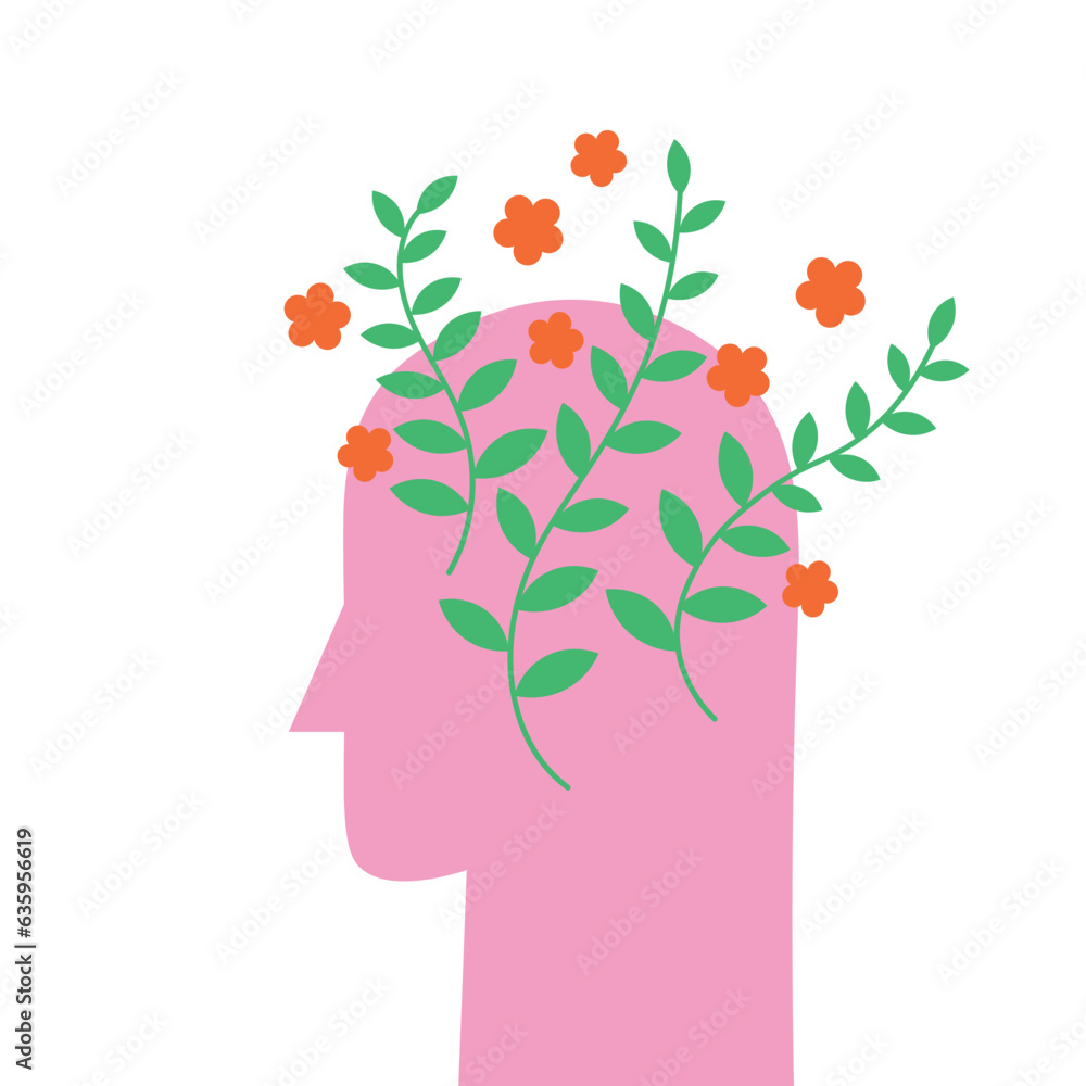 Human head with flowers and plants.Mental health positive thinking as ...