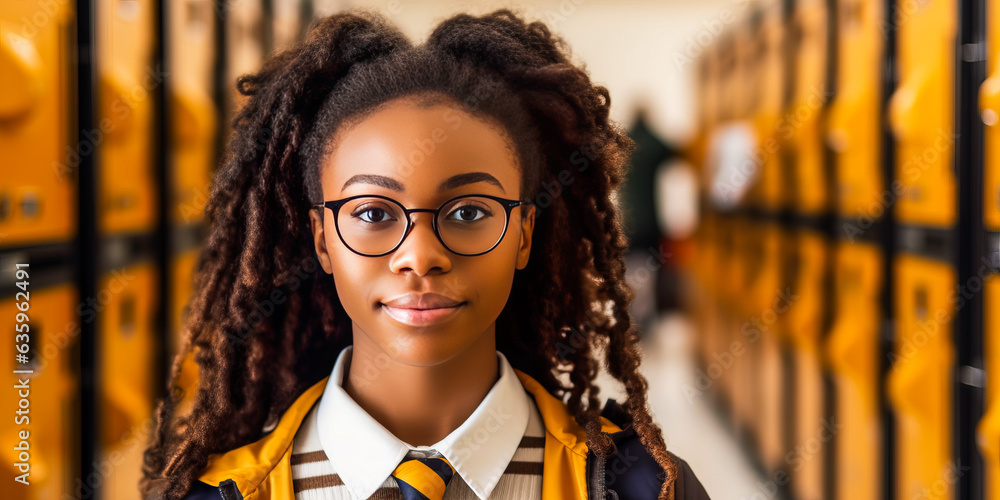 Inspiring image of a confident young African female student in glasses ...