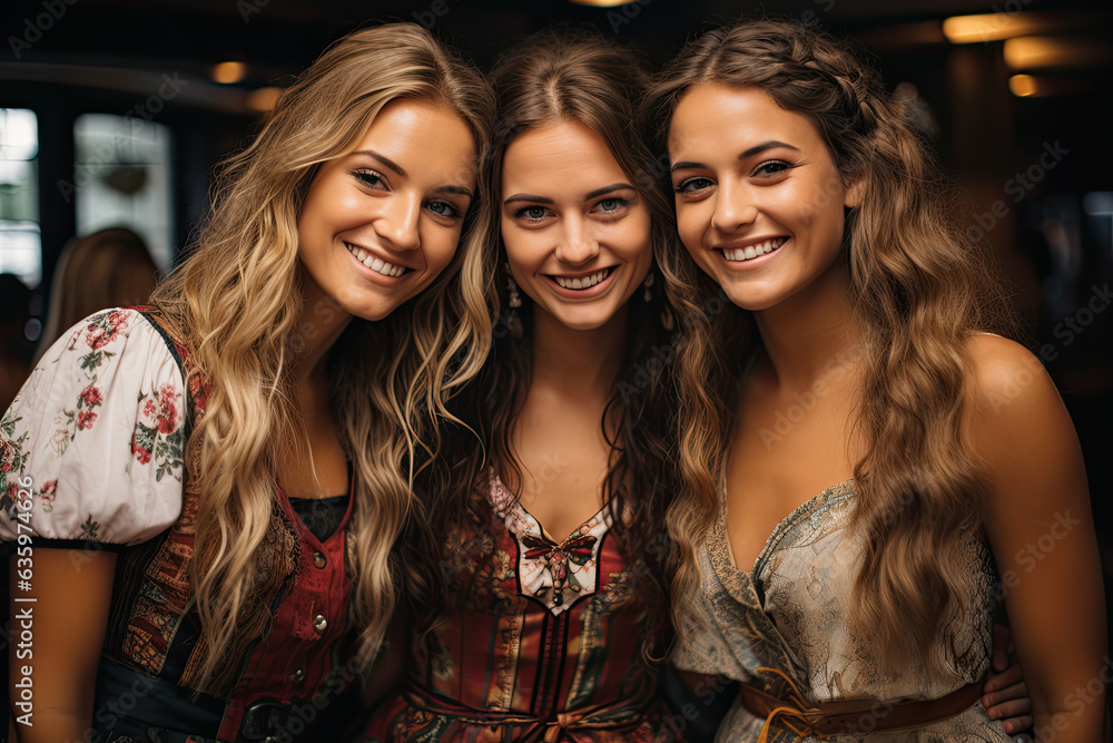 Three smiling girls in dirndl at Germany Oktoberfest Stock Photo ...