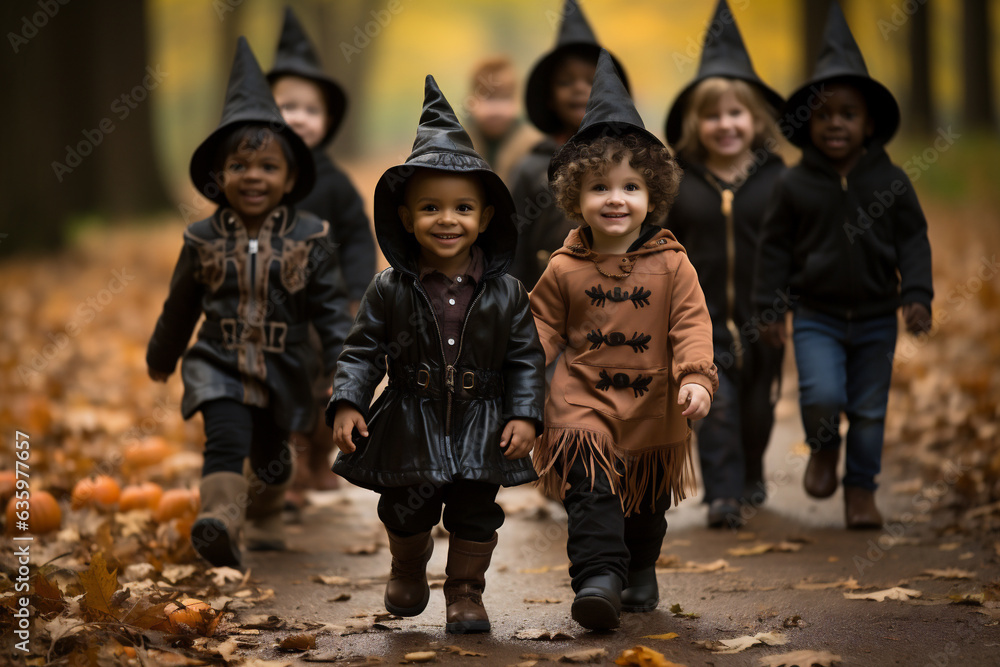Happy children, wearing hallowing costume, smiling. Pumkings garden ...
