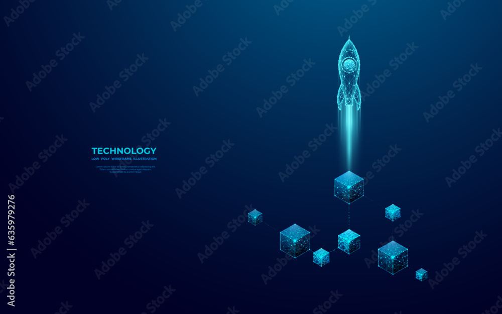 Abstract digital rocket launch over linked blocks on blue technology ...