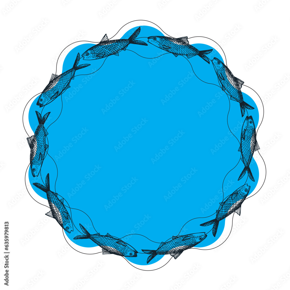 Sardine fish label template background for text. Frame with pichard ...