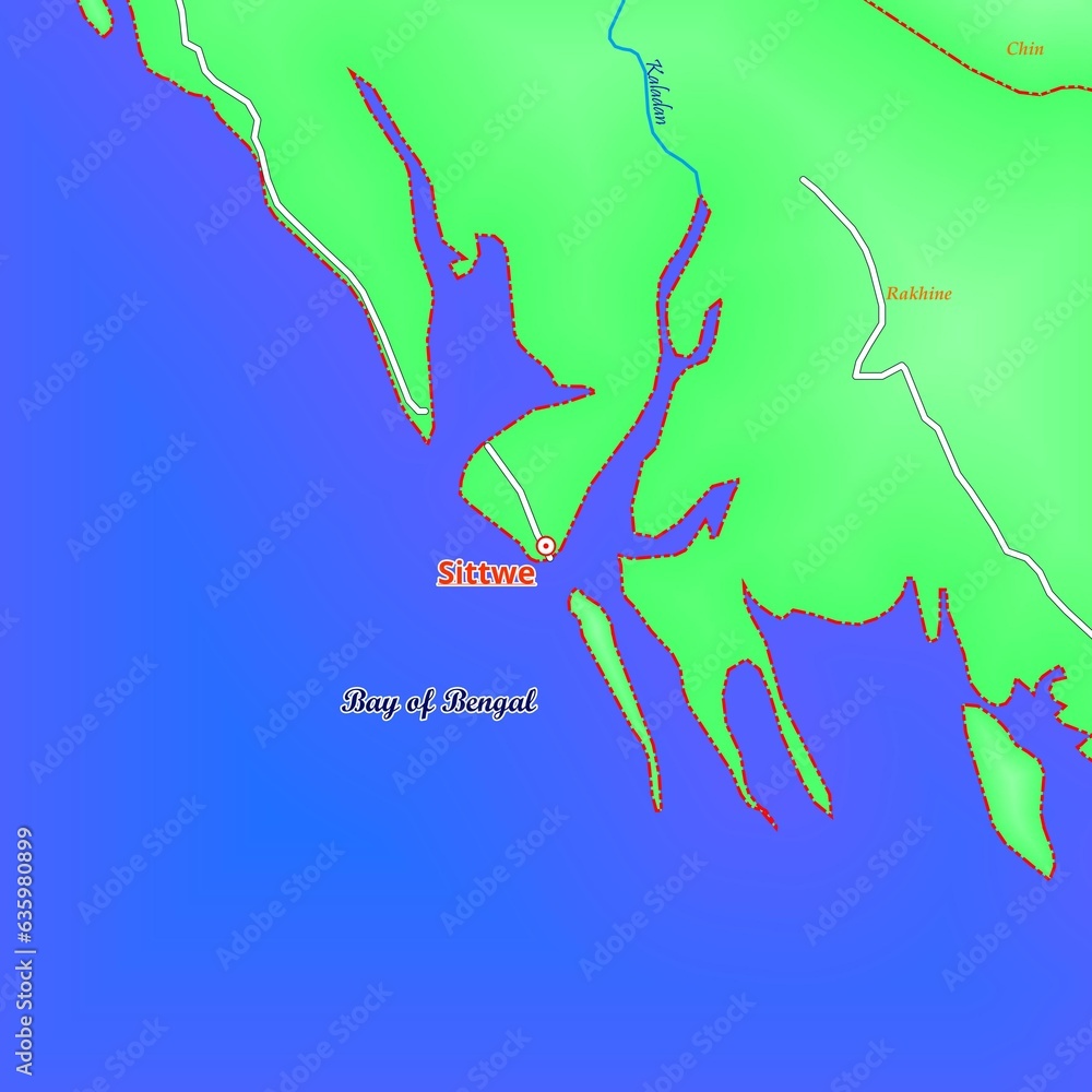 Illustrated Map of Sittwe City in Myanmar Stock Illustration | Adobe Stock