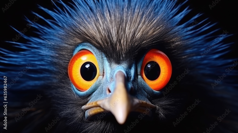Close-up of the head of an unrealistic bird with bulging eyes looks ...