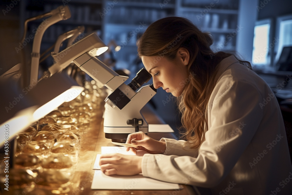 Woman lab technician skillfully inoculating agar plate for microscopic ...
