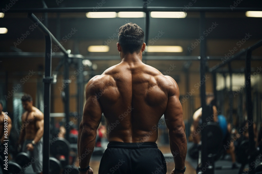 muscular bodybuilder handsome men doing gym back side view, Handsome ...