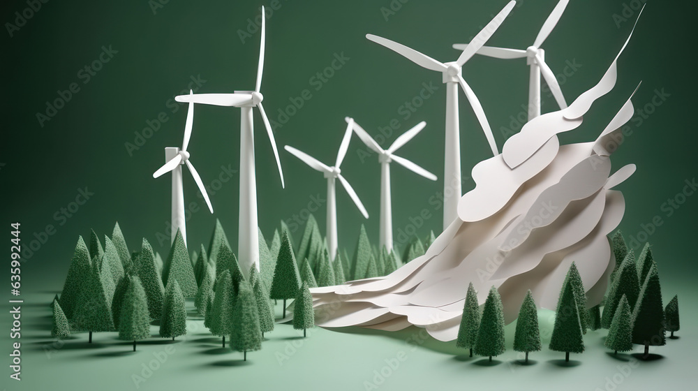 Paper art , renewable energy with green energy as wind turbines ...