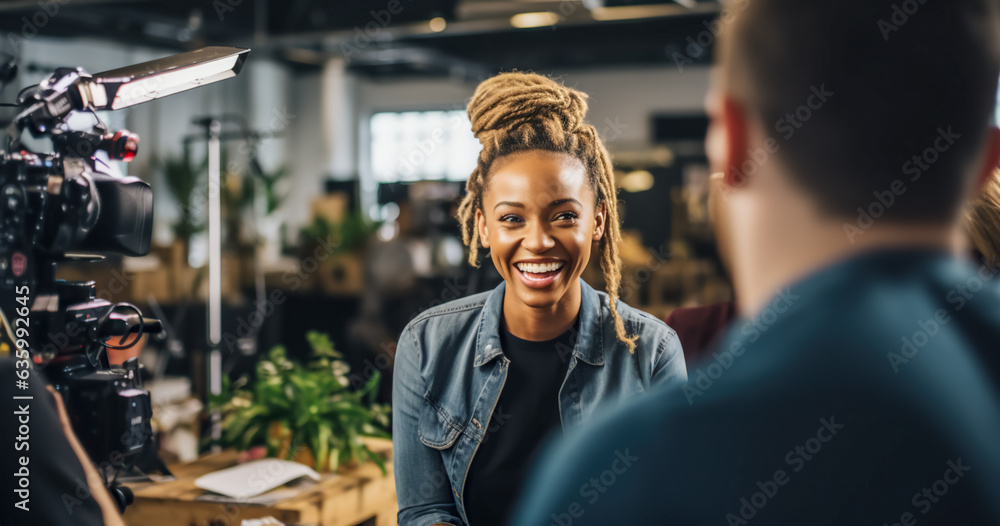 Filming interview. Behind the scene concept. Cameraman working on ...