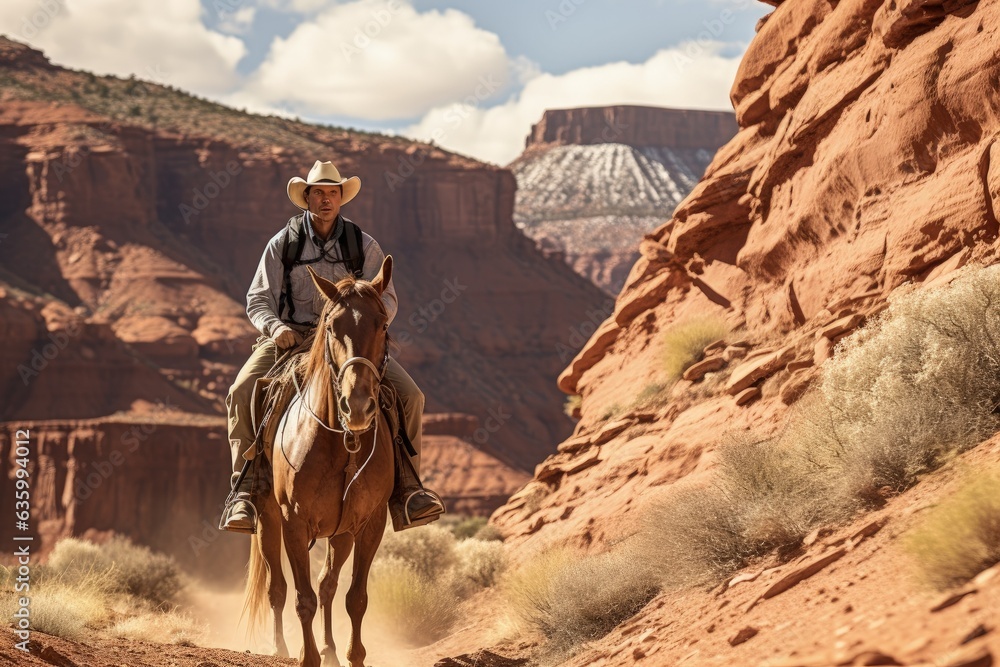 Wild West cowboy riding a horse through the canyon, Generative AI Stock ...