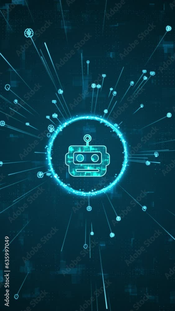 Motion graphic of Blue digital robot head logo and AI icons rotation ...