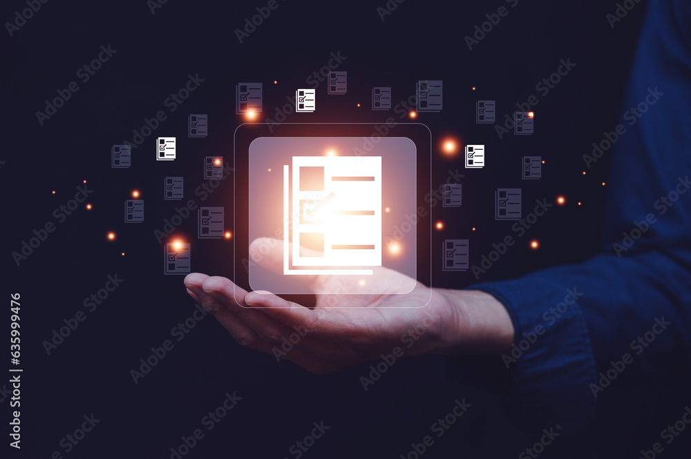 Documents management information system concept, Businessman using ...