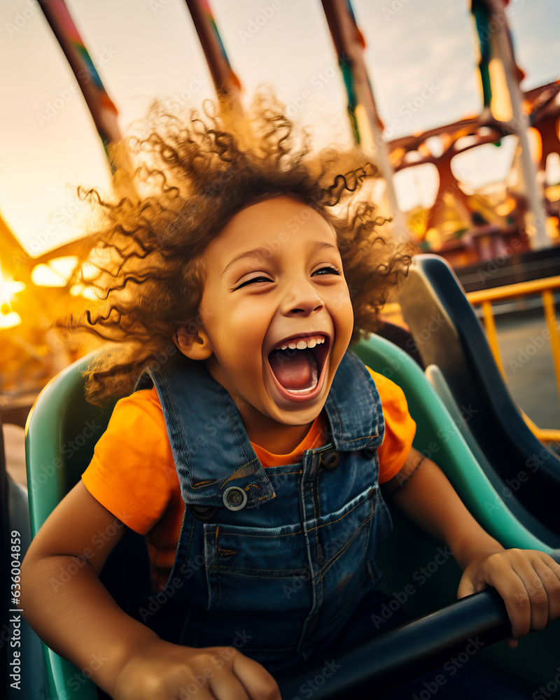boy or child riding a Roller Coaster in an amusement park. Screaming as ...