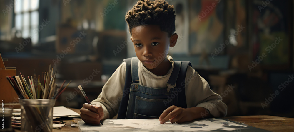 Young African American boy in art class. Concept of Art education ...