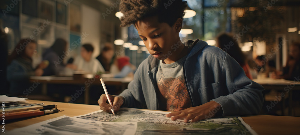 Young African American boy in art class. Concept of Art education ...