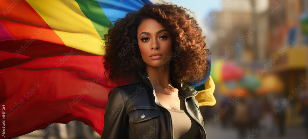 African American woman with afro standing in front of pride rainbow ...