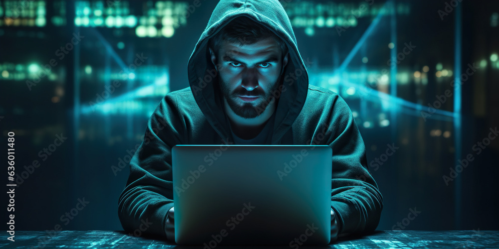 Hacker in hood stealing data from laptop with binary code background concept Stock Photo | Adobe ...