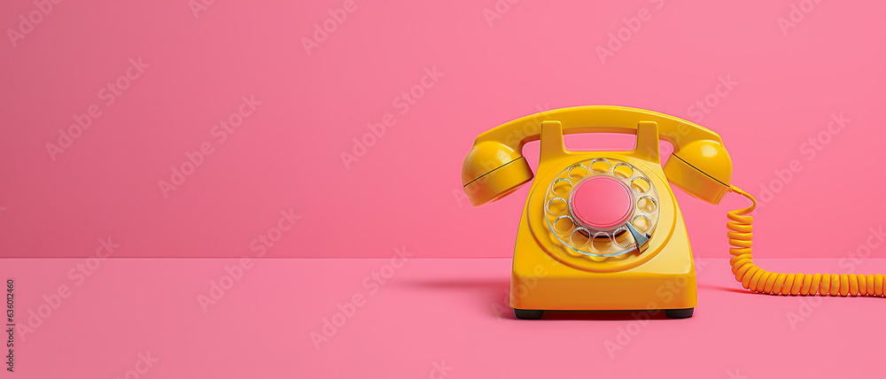 Vintage Rotary phone yellow color on pink color background. 80s or 90s ...