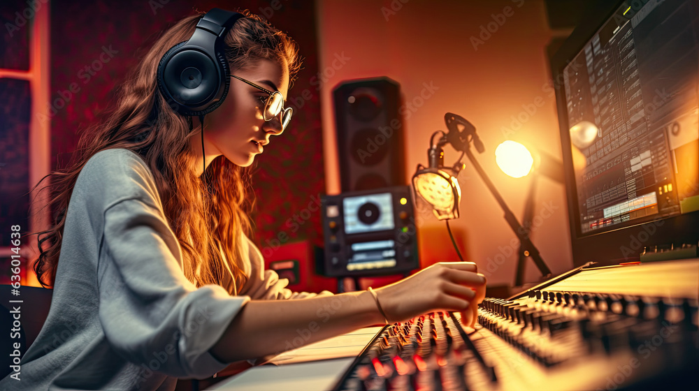 Beautiful Female Audio Engineer Working in Music Recording Studio, Uses ...