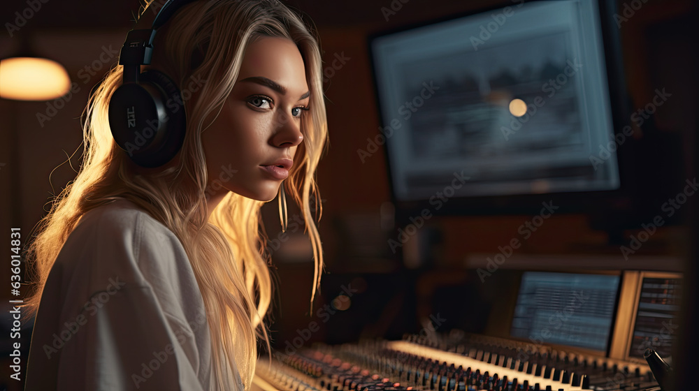 Beautiful Female Audio Engineer Working in Music Recording Studio, Uses ...