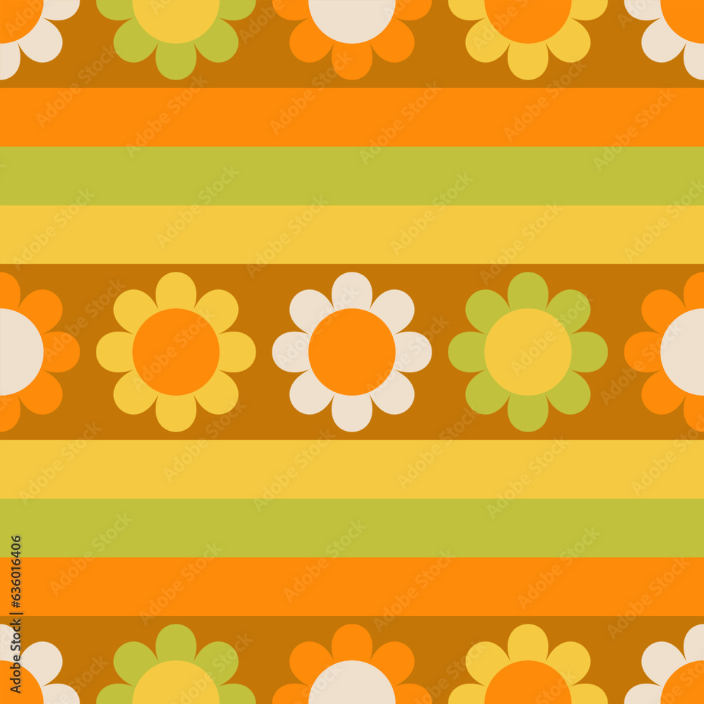 Retro floral design with stripes and flowers in a 1970s inspired color ...