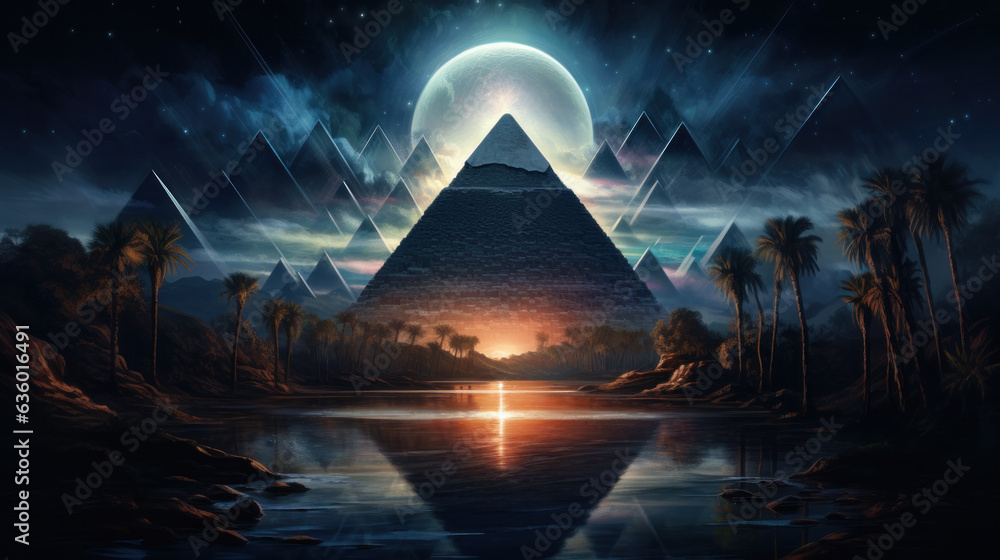 Futuristic abstract night neon background based on Pyramids of Egypt at ...