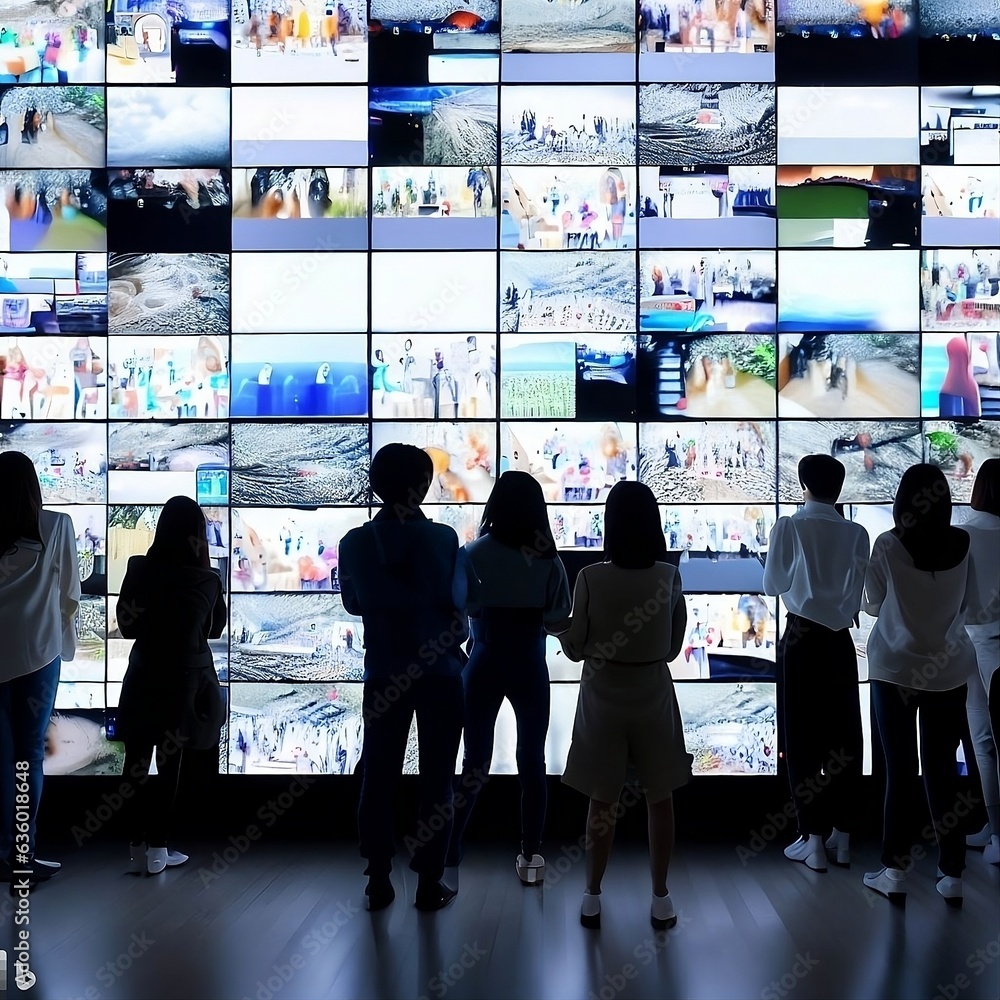 People Watching Large Futuristic LCD Panel LED Video Wall, Many ...