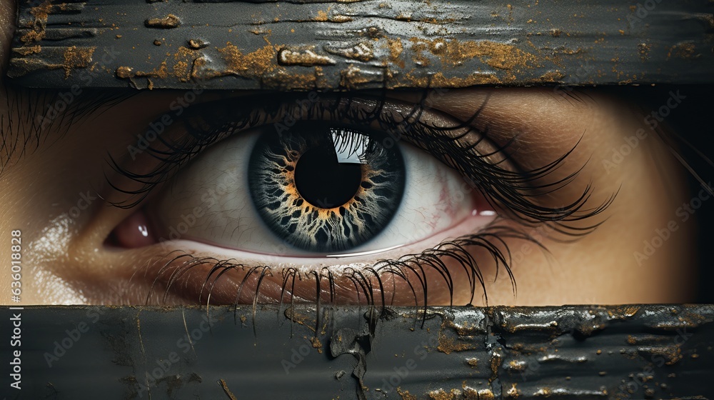 The girl peeks out from behind the shelter, beautiful eyes look from ...