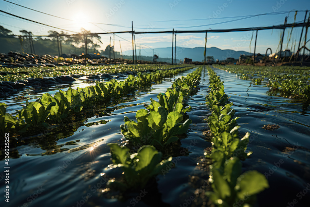 Thriving growth of seaweed algae on lines in an aquaculture farm ...