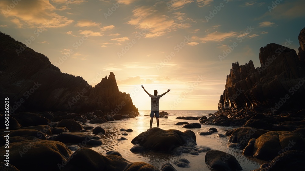 Happy man enjoying life on beach rocks by the ocean with arms wide open ...