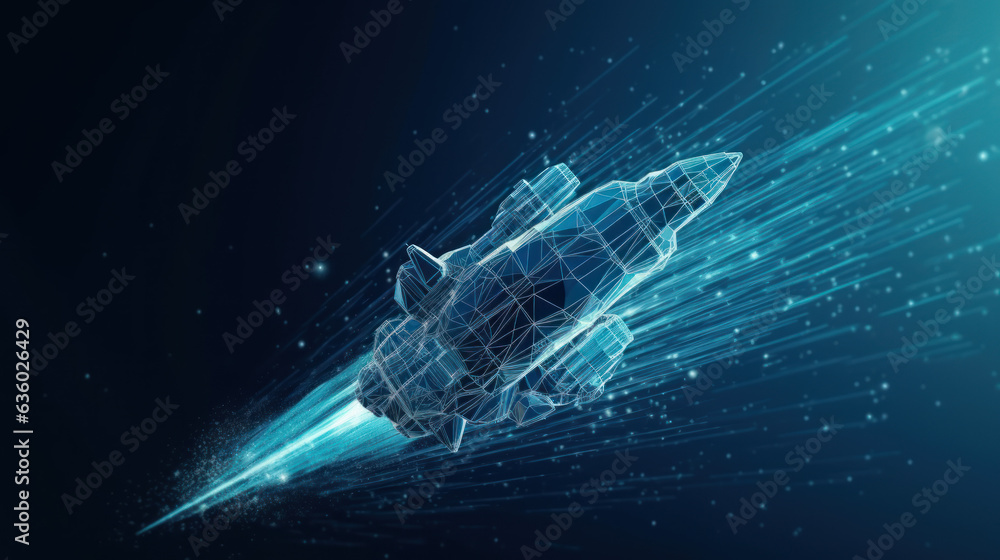 Abstract Rocket Launch. Digital Spaceship Flying Up Into Outer Space. Business Development ...