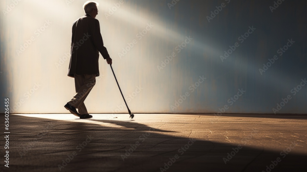Elderly person with a cane shadows on the road symbolizing old age and ...