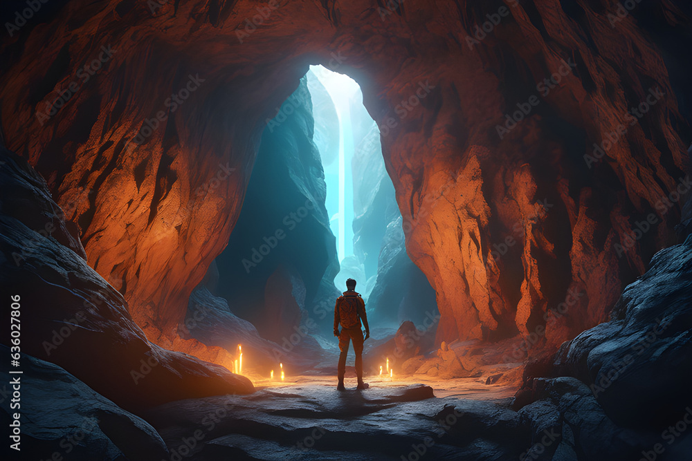 Solitude embraced: Amidst the ancient stone cave, a lone figure stands ...