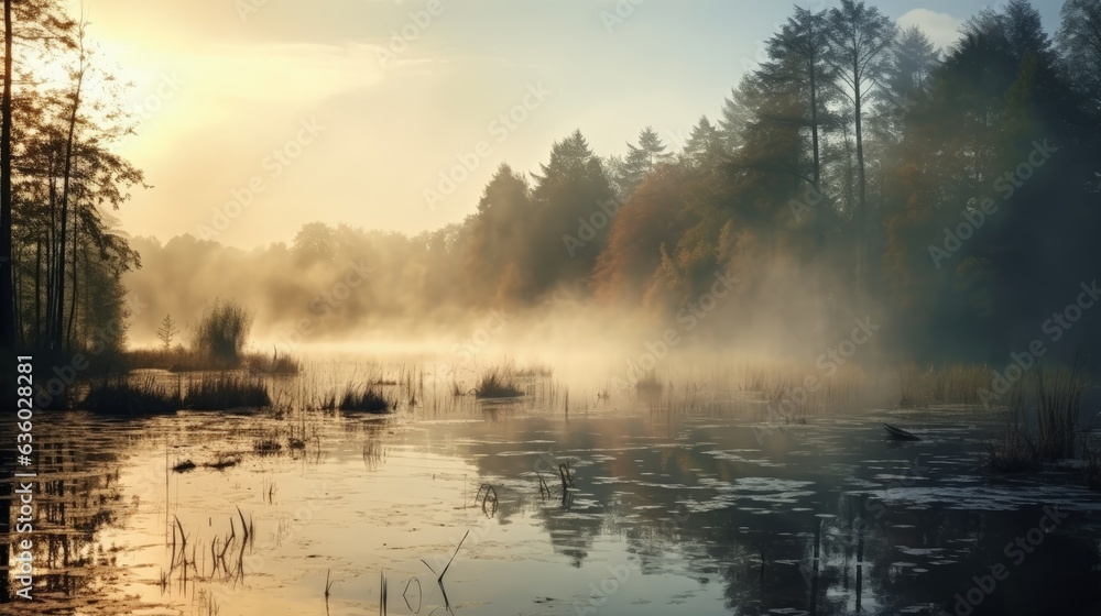 Foto de Scenic morning scenery with misty lake serene river and foggy ...