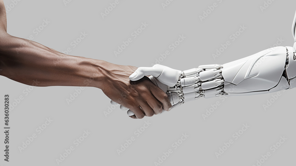White cyborg robotic hand and human hand, handshake - 3D rendering ...