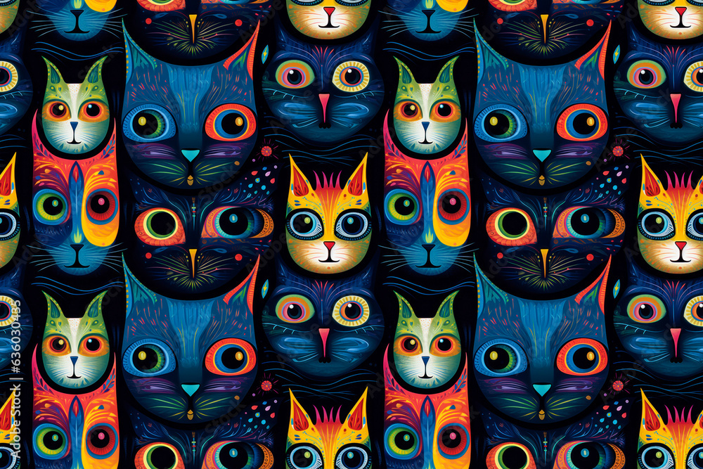 Cats alebrije folk art seamless texture, tiling pattern, wallpaper ...