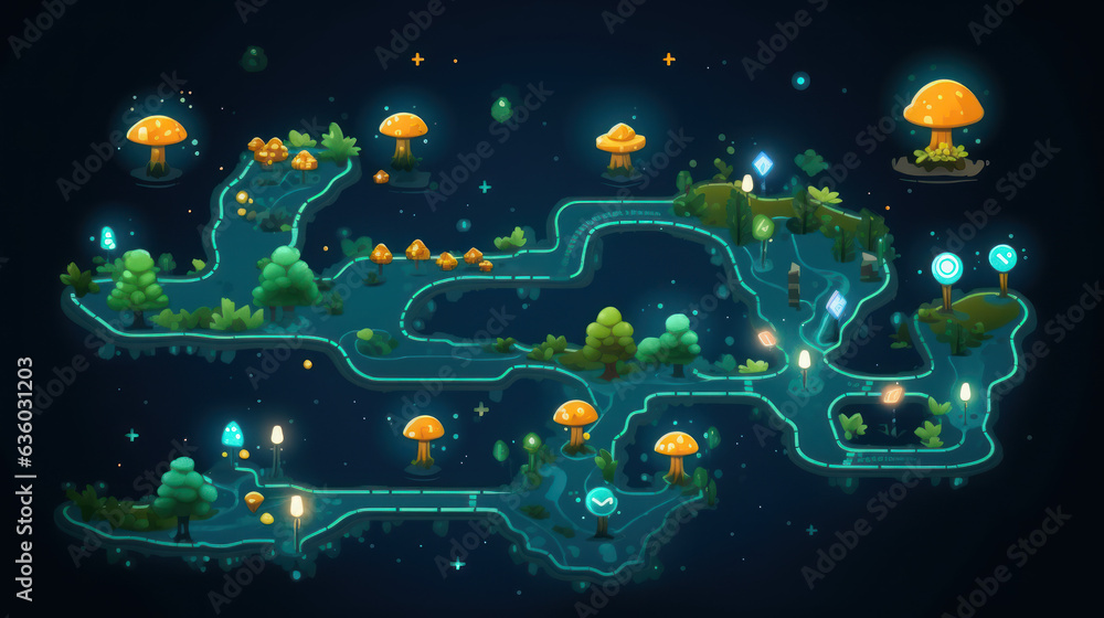 Arcade game progress map on fantasy forest background. Vector cartoon ...