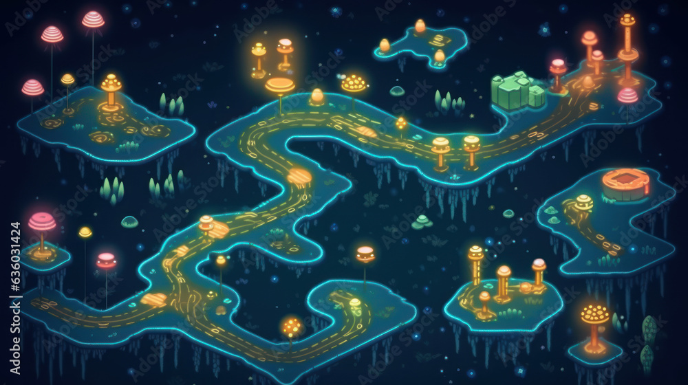 Arcade game progress map on fantasy forest background. Vector cartoon ...