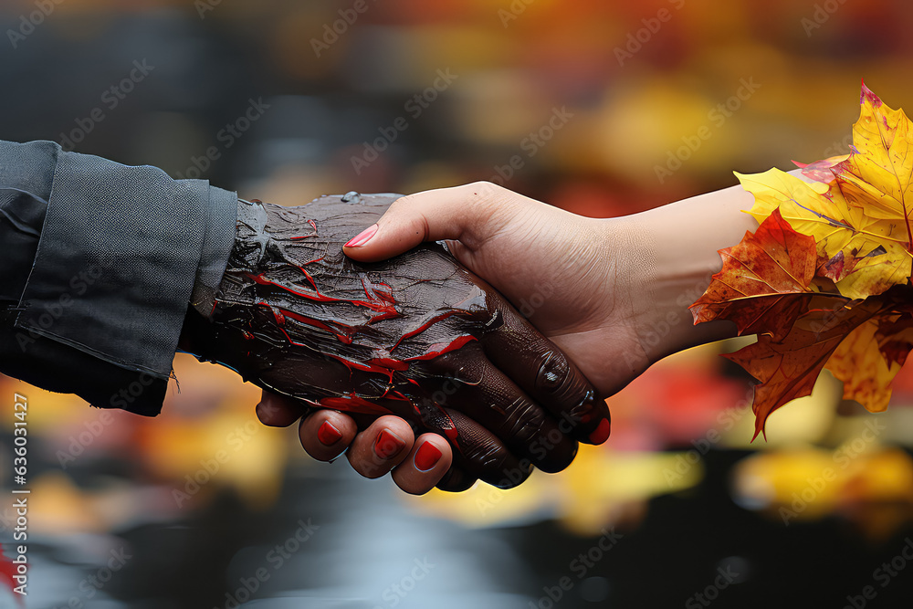 Two hands of different ethnicities shaking hands, representing ...